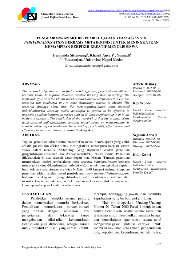 (PDF) Pengembangan Model Pembelajaran Team Assested Individualoization Berbasis Metakognisi ...