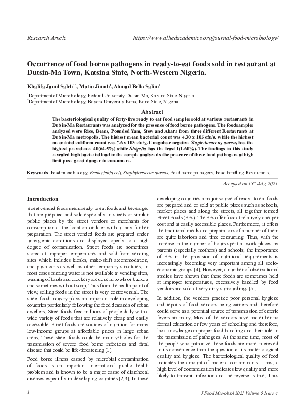 (PDF) Occurrence of food borne pathogens in ready-to-eat foods sold in restaurant at Dutsin-Ma ...