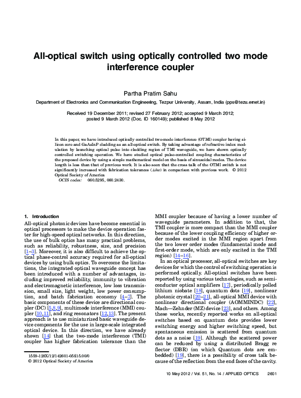 (PDF) All-optical switch using optically controlled two mode interference coupler
