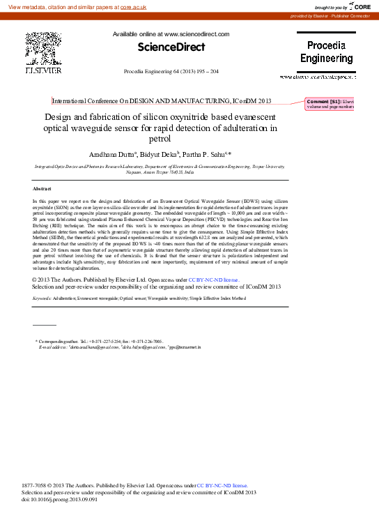 (PDF) Design and Fabrication of Silicon Oxynitride Based Evanescent Optical Waveguide Sensor for ...