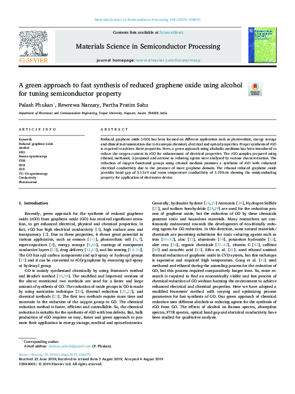 (PDF) A green approach to fast synthesis of reduced graphene oxide using alcohol for tuning ...