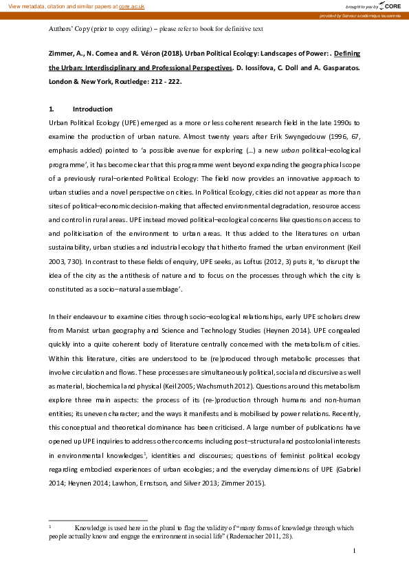 (PDF) Urban political ecology: landscapes of power