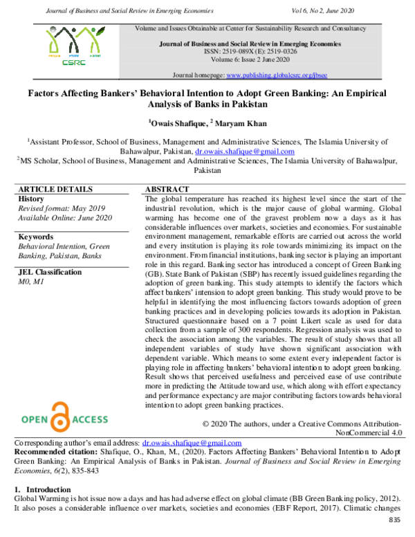 (PDF) Factors Affecting Bankers’ Behavioral Intention to Adopt Green Banking: An Empirical ...