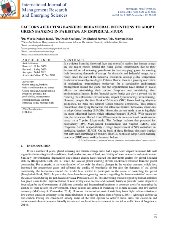 (PDF) Factors Affecting Bankers’ Behavioral Intentions to Adopt Green Banking in Pakistan: An ...