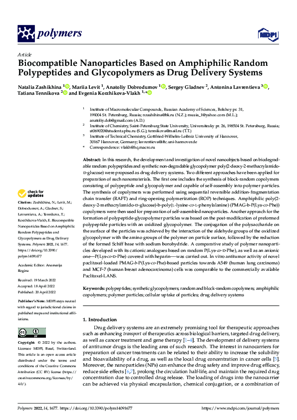 (PDF) Biocompatible Nanoparticles Based on Amphiphilic Random Polypeptides and Glycopolymers as ...