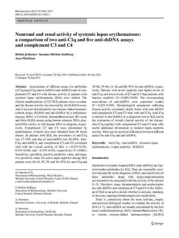 (PDF) Nonrenal and renal activity of systemic lupus erythematosus: a ...