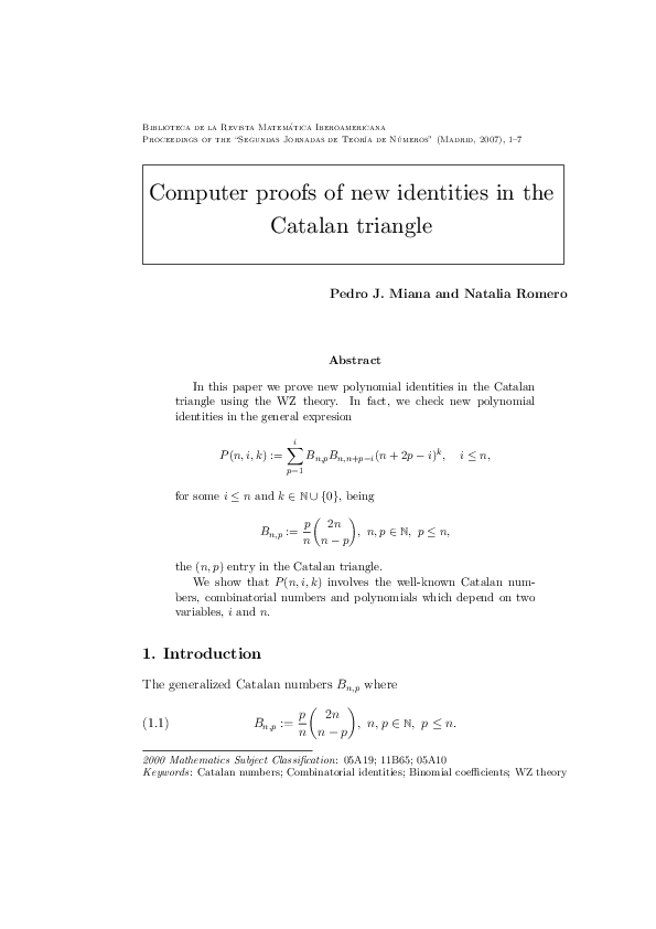 (PDF) Computer proofs of new identities in the Catalan triangle