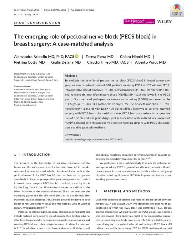 (PDF) The emerging role of pectoral nerve block (PECS block) in breast surgery: A case‐matched ...