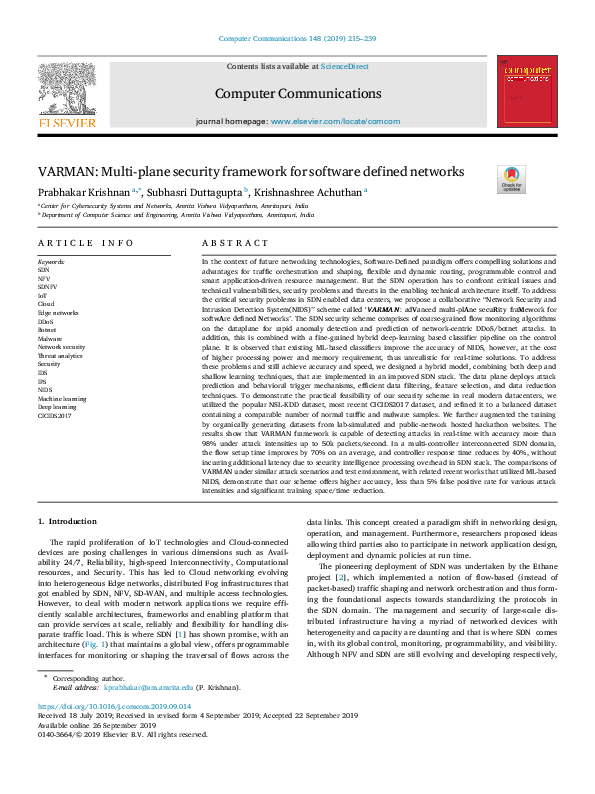 (PDF) VARMAN: Multi-plane security framework for software defined networks