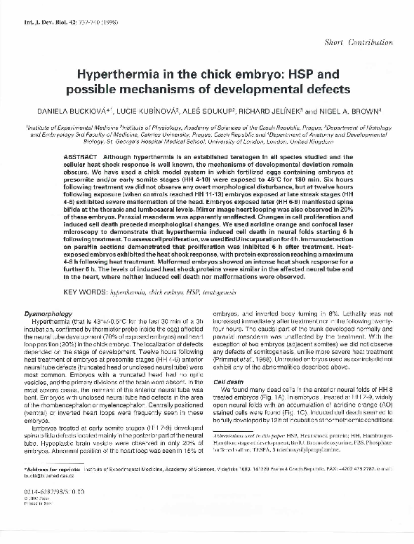 (PDF) Hyperthermia in the chick embryo: HSP and possible mechanisms of ...