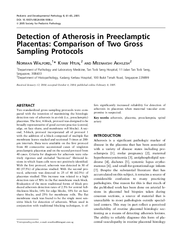 (PDF) Detection of Atherosis in Preeclamptic Placentas: Comparison of ...