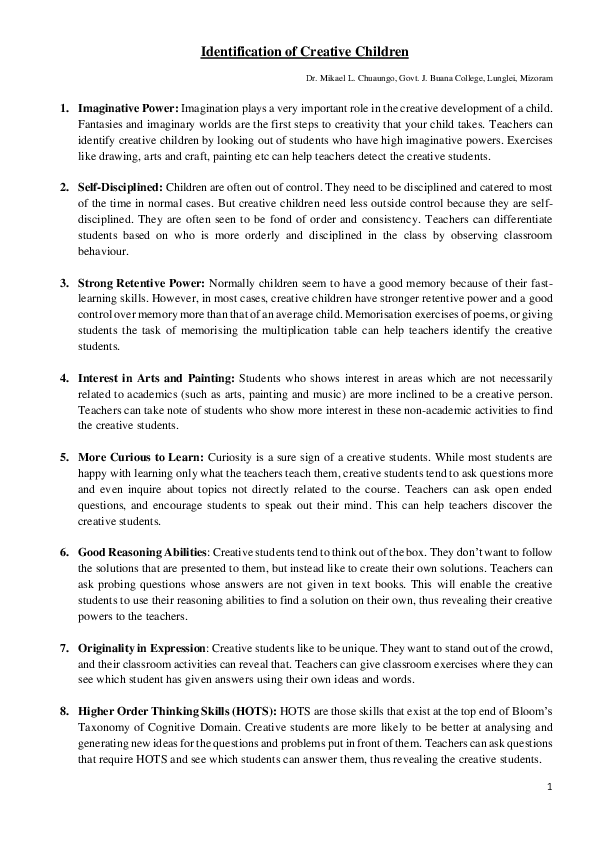 (PDF) Identification, Needs and Problems of Creative Children