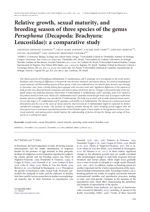 (PDF) Relative growth, sexual maturity, and breeding season of three ...