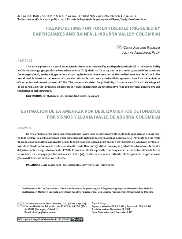 (PDF) Hazard Estimation for Landslides Triggered by Earthquakes and Rainfall (Aburrá Valley ...