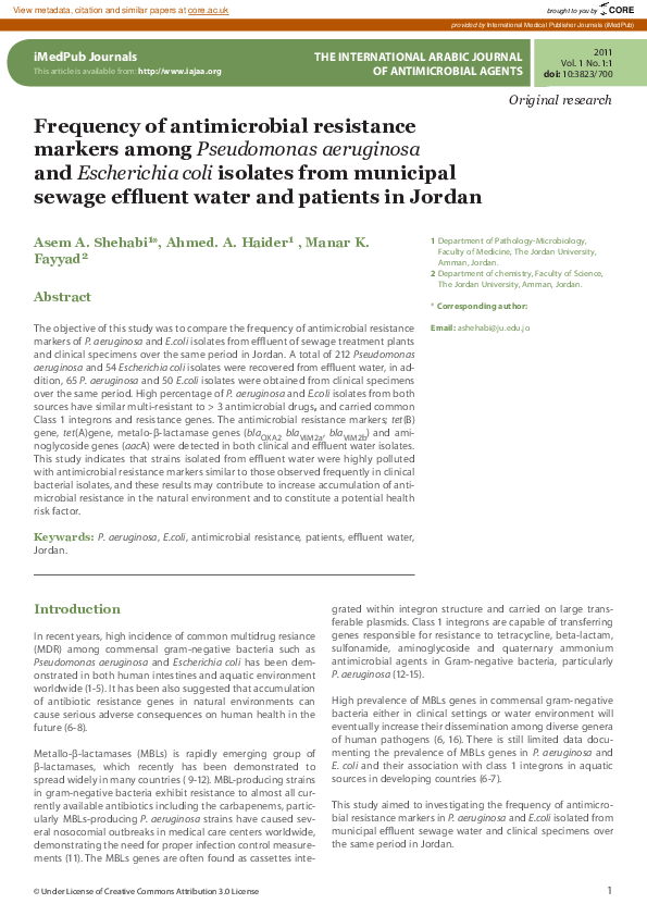(PDF) Frequency of antimicrobial resistance markers among Pseudomonas aeruginosa and Escherichia ...