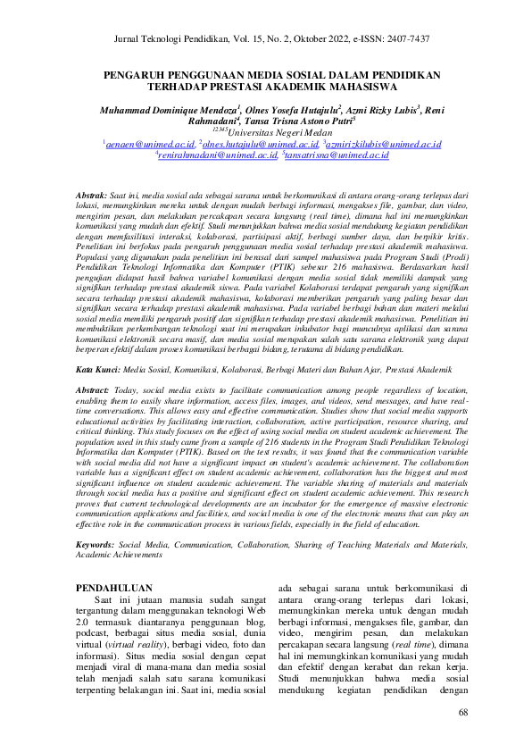 (PDF) Pengaruh Penggunaan Media Sosial Dalam Pendidikan Terhadap Prestasi Akademik Mahasiswa