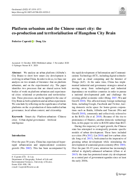 (PDF) Platform urbanism and the Chinese smart city: the co-production ...
