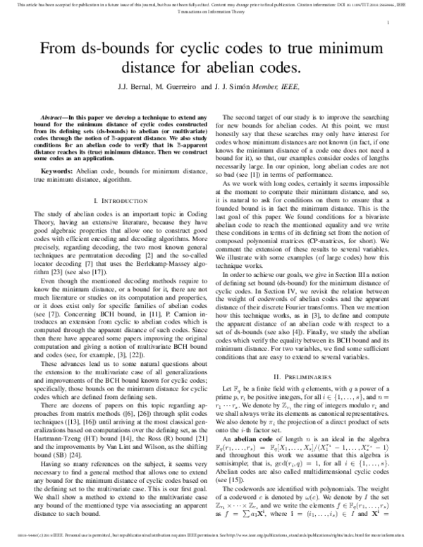 (PDF) From ds-Bounds for Cyclic Codes to True Minimum Distance for Abelian Codes