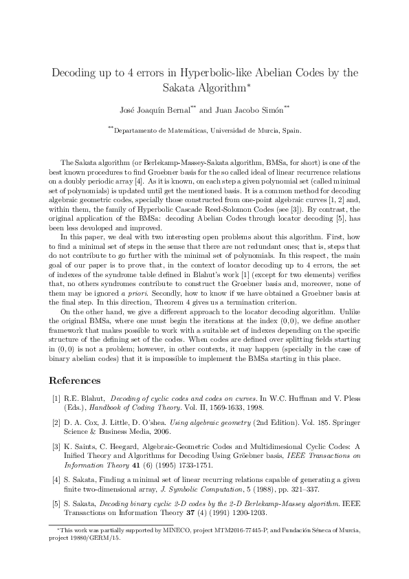 (PDF) Decoding up to 4 errors in Hyperbolic-like Abelian Codes by the Sakata Algorithm