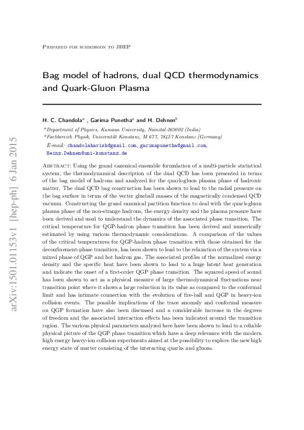 (PDF) Bag model of hadrons, dual QCD thermodynamics and Quark-Gluon Plasma