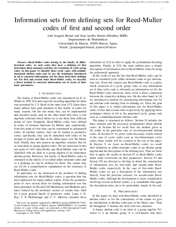 (PDF) Information Sets From Defining Sets for Reed–Muller Codes of ...