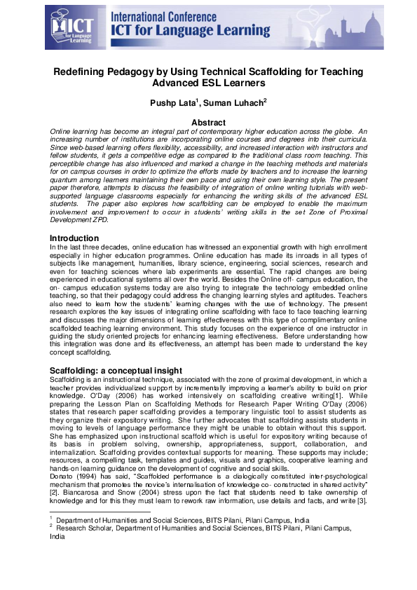 (PDF) Redefining Pedagogy by Using Technical Scaffolding for Teaching Advanced ESL Learners