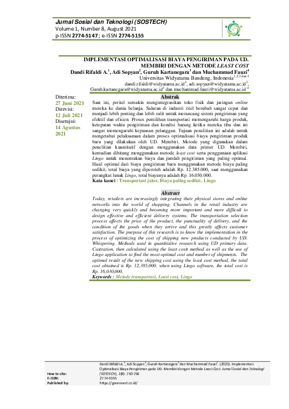 (PDF) Implementasi Optimalisasi Biaya Pengiriman pada UD. Membiri ...