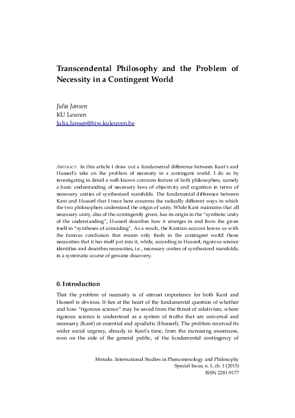 (PDF) Transcendental philosophy and the problem of necessity in a ...