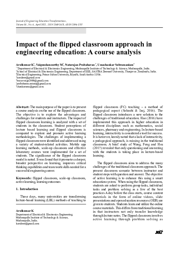 (PDF) Impact of the flipped classroom approach in engineering education: A course analysis