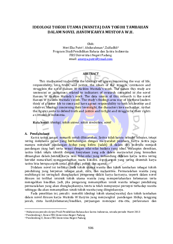 (PDF) Ideologi Tokoh Utama (Wanita) dan Tokoh Tambahan dalam Novel ...