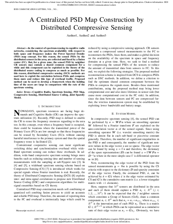 (PDF) A Centralized PSD Map Construction by Distributed Compressive Sensing