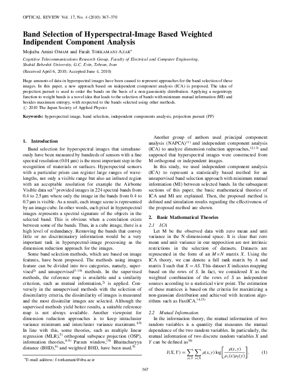 (PDF) Band selection of hyperspectral-image based weighted indipendent component analysis