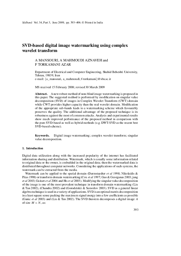 (PDF) SVD-based digital image watermarking using complex wavelet transform