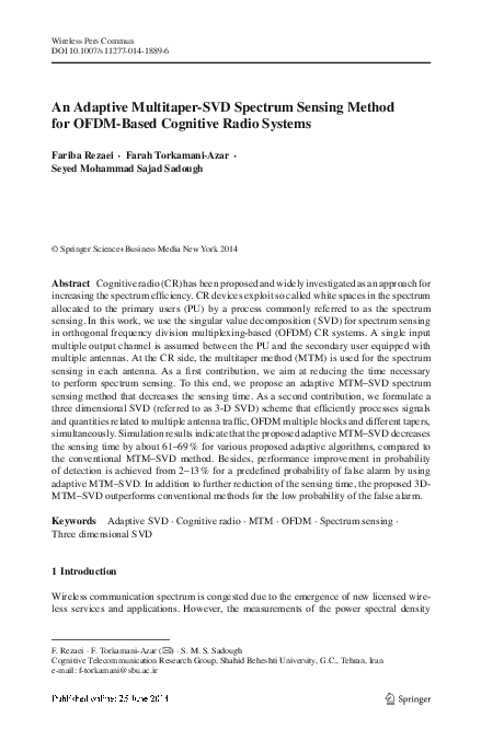 (PDF) An Adaptive Multitaper-SVD Spectrum Sensing Method for OFDM-Based Cognitive Radio Systems