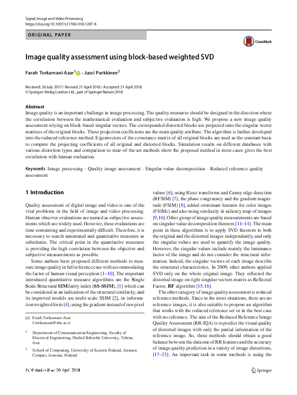 (PDF) Image quality assessment using block-based weighted SVD