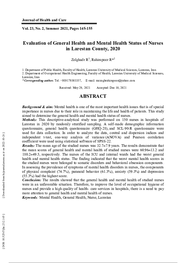 (PDF) Evaluation of General Health and Mental Health Status of Nurses ...