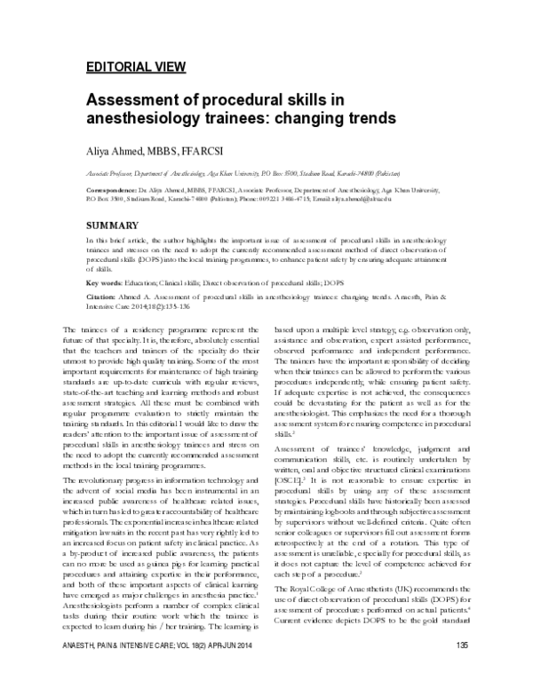 (PDF) EDITORIAL VIEW Assessment of procedural skills in anesthesiology trainees: changing trends