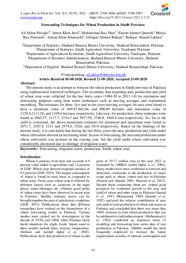 (PDF) Forecasting Techniques for Wheat Production in Sindh Province