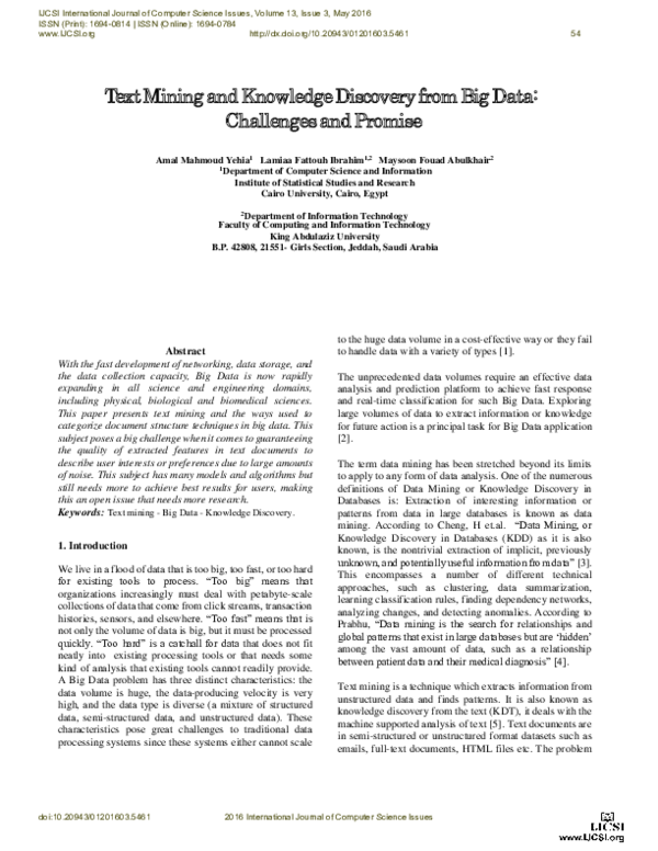 (PDF) Text Mining and Knowledge Discovery from Big Data: Challenges and ...