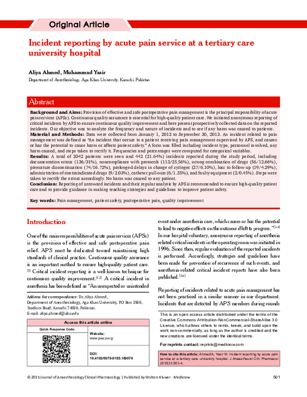 (PDF) Incident reporting by acute pain service at a tertiary care ...