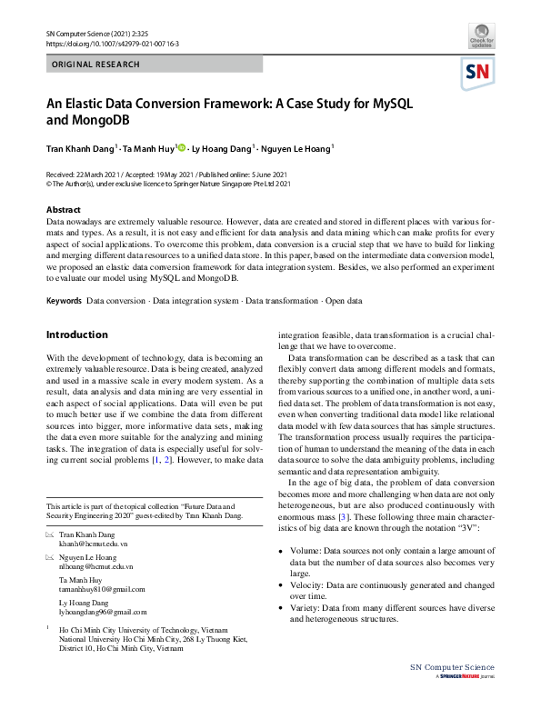 (PDF) An Elastic Data Conversion Framework: A Case Study for MySQL and MongoDB
