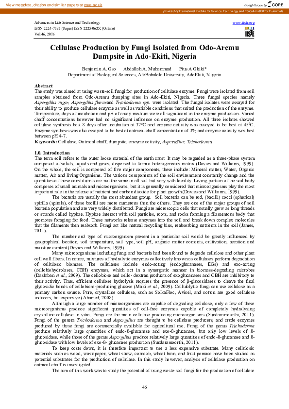 (PDF) Cellulase Production by Fungi Isolated from Odo-Aremu Dumpsite in ...