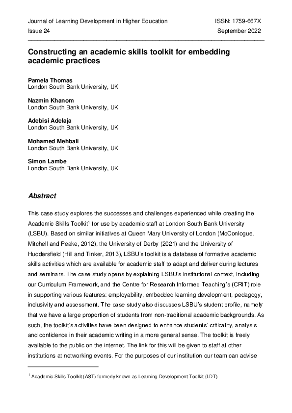 (PDF) Constructing an academic skills toolkit for embedding academic ...