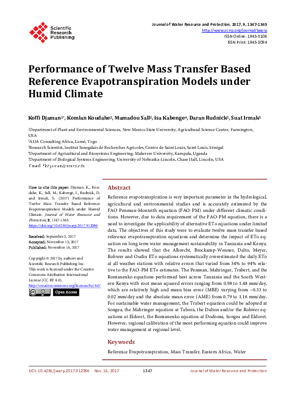 (PDF) Performance of Twelve Mass Transfer Based Reference Evapotranspiration Models under Humid ...