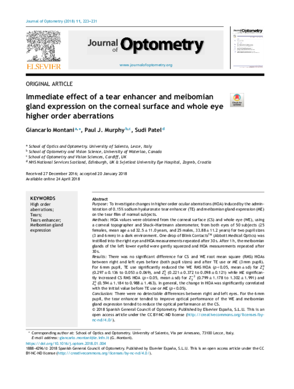 (PDF) Immediate effect of a tear enhancer and meibomian gland expression on the corneal surface ...