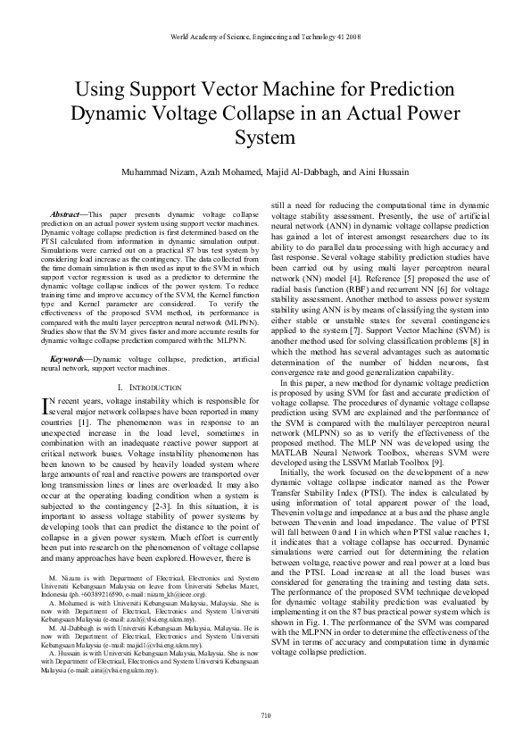 (PDF) Using Support Vector Machine For Prediction Dynamic Voltage Collapse In An Actual Power ...
