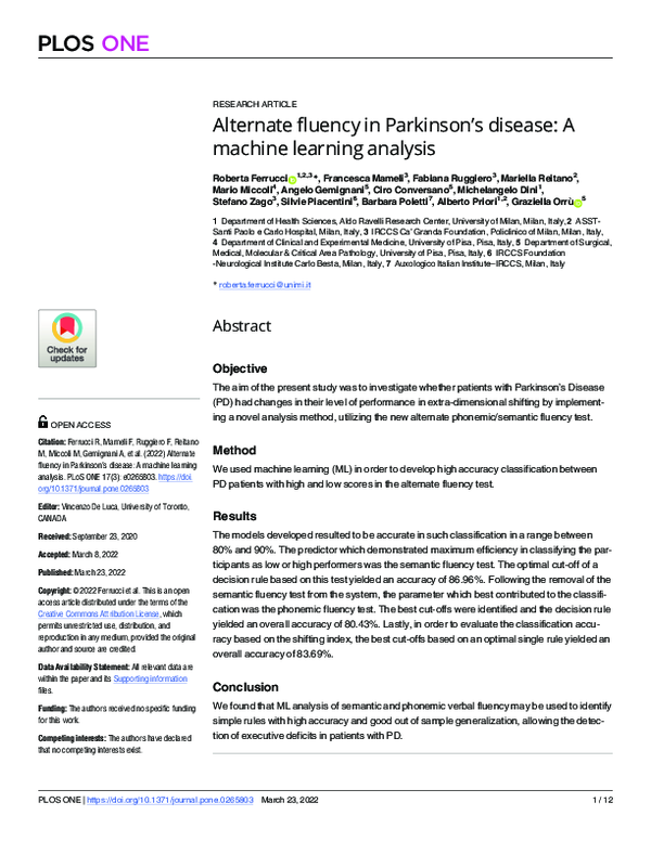 (PDF) Alternate fluency in Parkinson’s disease: A machine learning analysis
