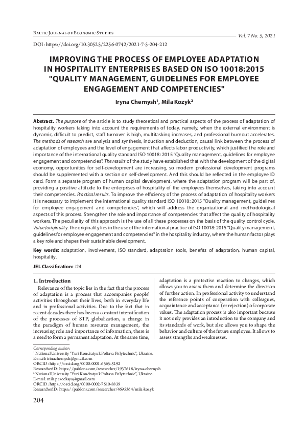 (PDF) Improving the Process of Employee Adaptation in Hospitality ...