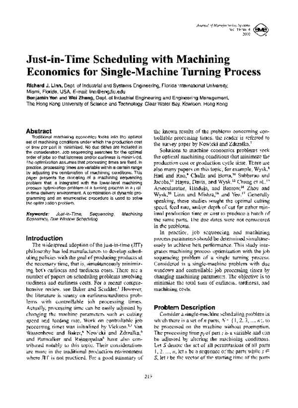(PDF) Just-in-time scheduling with machining economics for single-machine turning process | wei ...
