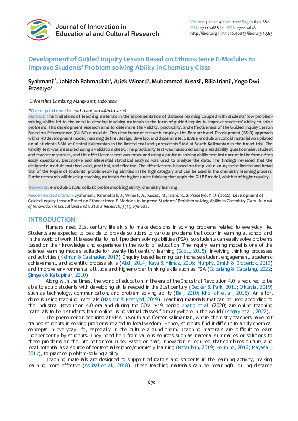 (PDF) Development of Guided Inquiry Lesson Based on Ethnoscience E-Modules to Improve Students ...